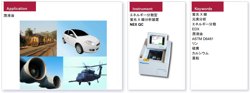 XRF3035 - NEX QC による ASTM D6481 に基づいた潤滑油分析